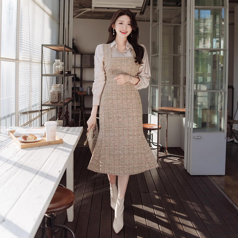 패션 바이 카카오 🔥아뜨랑스데이특가🔥 1000장 돌파 우아한 무드가 돋보이는 트위드 소재의 뷔스티에 머메이드 오피스룩 레이어드 드레스 핑크 트위드원피스 하객룩