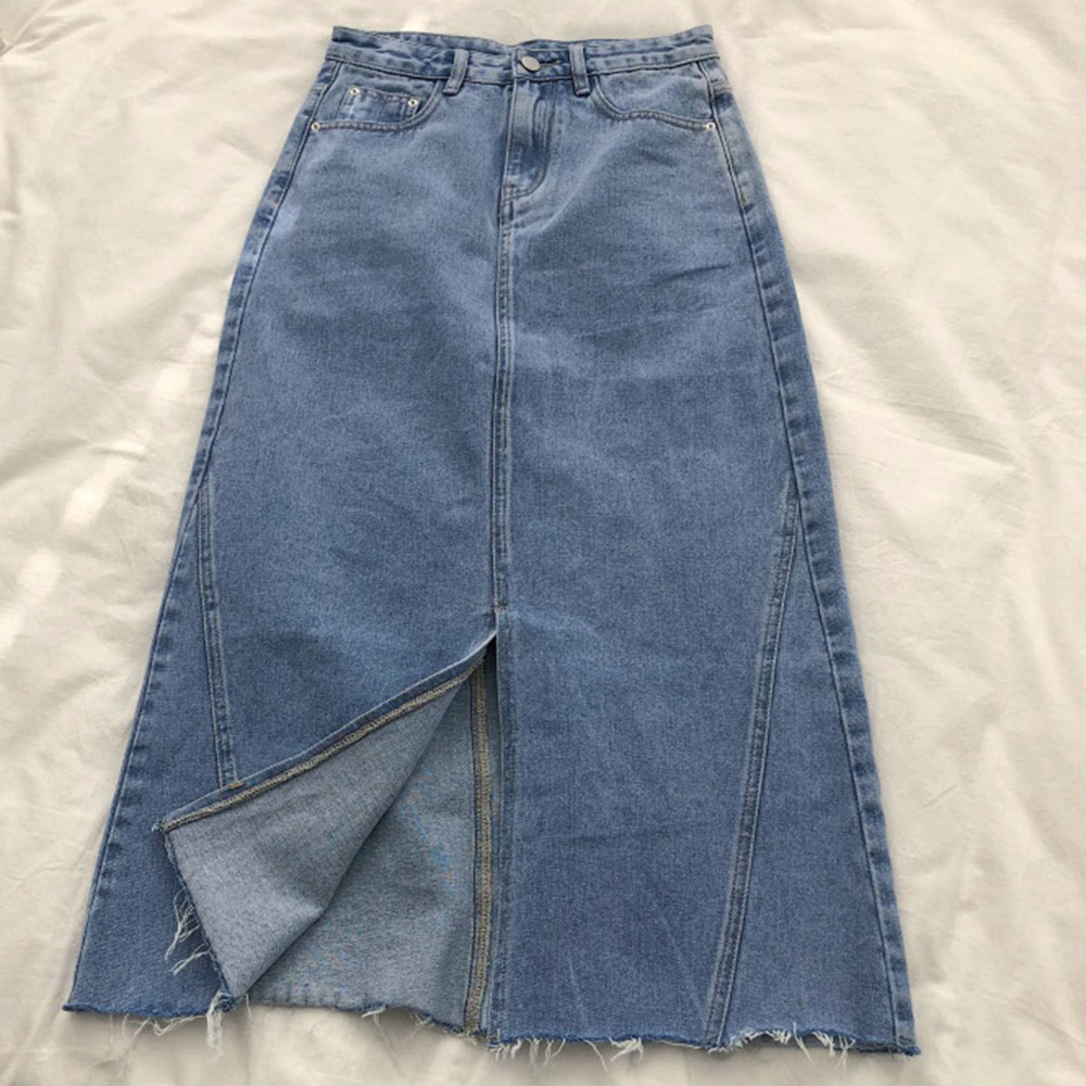 해외수입 지나간 여름 밤 스티치라인 데미지디테일 앞슬릿 롱 청스커트