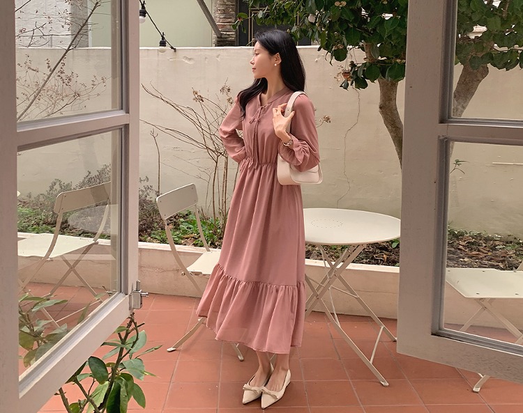 리리앤코 5천5백장 돌파 미니롱 세넬린 프릴 밴딩 리본 원피스 봄 신상 봄원피스 데이트룩 러블리 여성스러운 롱원피스 미니원피스 프릴원피스 밴딩 고무줄 체형커버