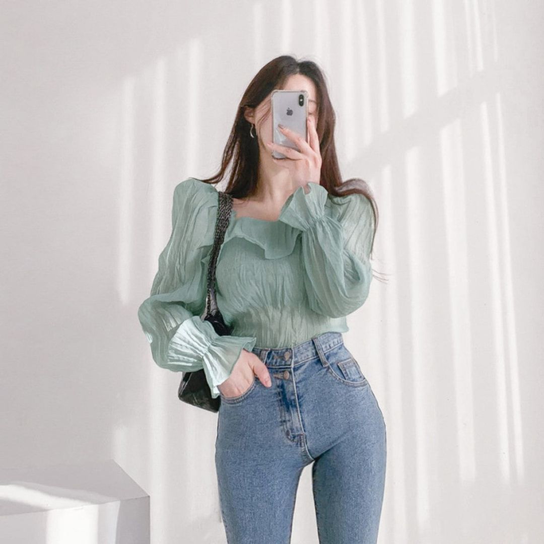 청순섹시하이퀄리티 소매 셔링 주름 프릴 스퀘어넥 벌룬 퍼프 시스루 블라우스 크림 핑크베이지 민트 블랙