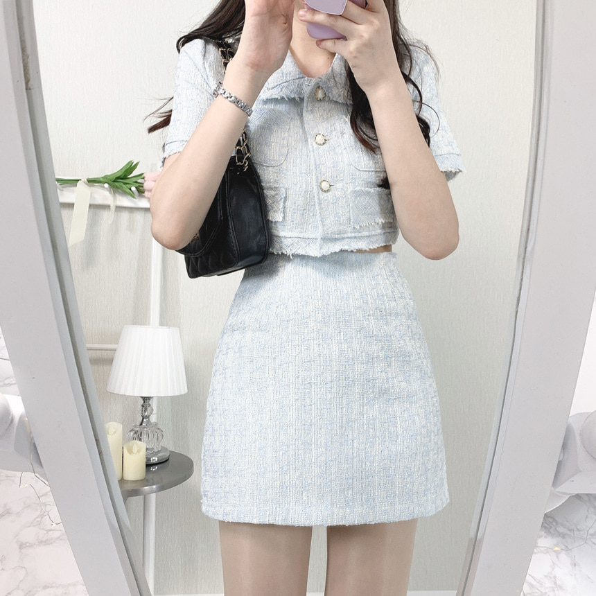 조이어블 자켓스커트set퀄좋은 소라 카라 진주 단추 크롭 트위드 자켓 스커트 투피스 세트