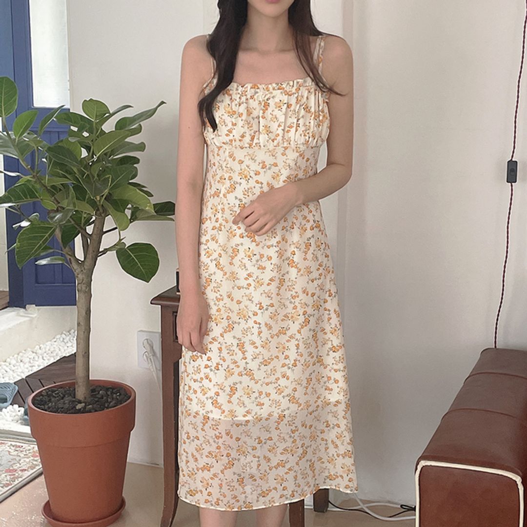 버터 옐로우 플라워 나시 롱원피스 Ops