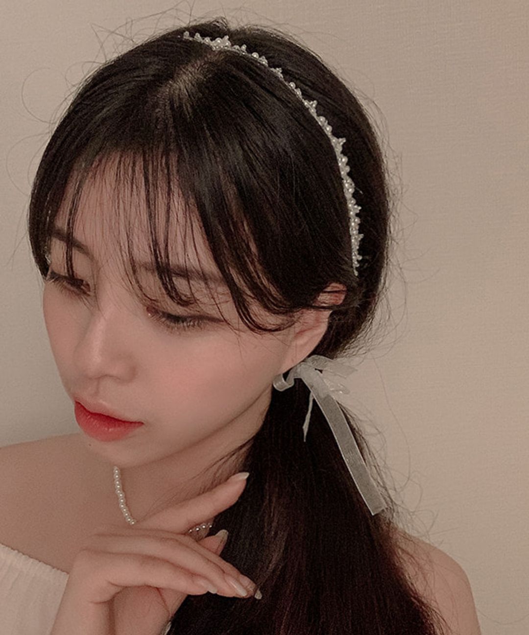 셀프웨딩 무배 미니 진주 헤어밴드 쉬폰 시스루 리본 큐빅 머리띠
