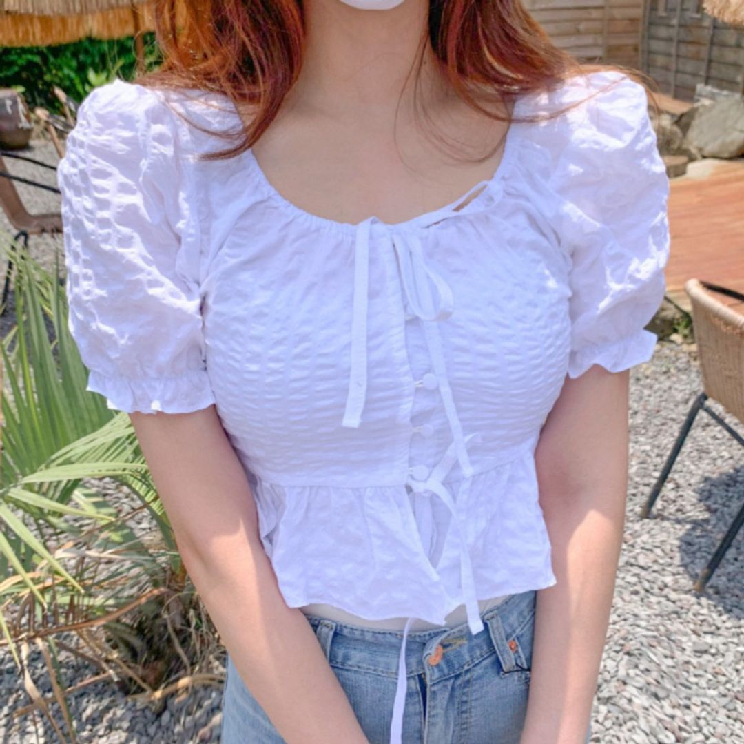 오프숄더ok 콩단추 셔링 퍼프 프릴 벌룬 주름 밴딩 리본 오프숄더 반팔 크롭 블라우스 오렌지 블랙 화이트