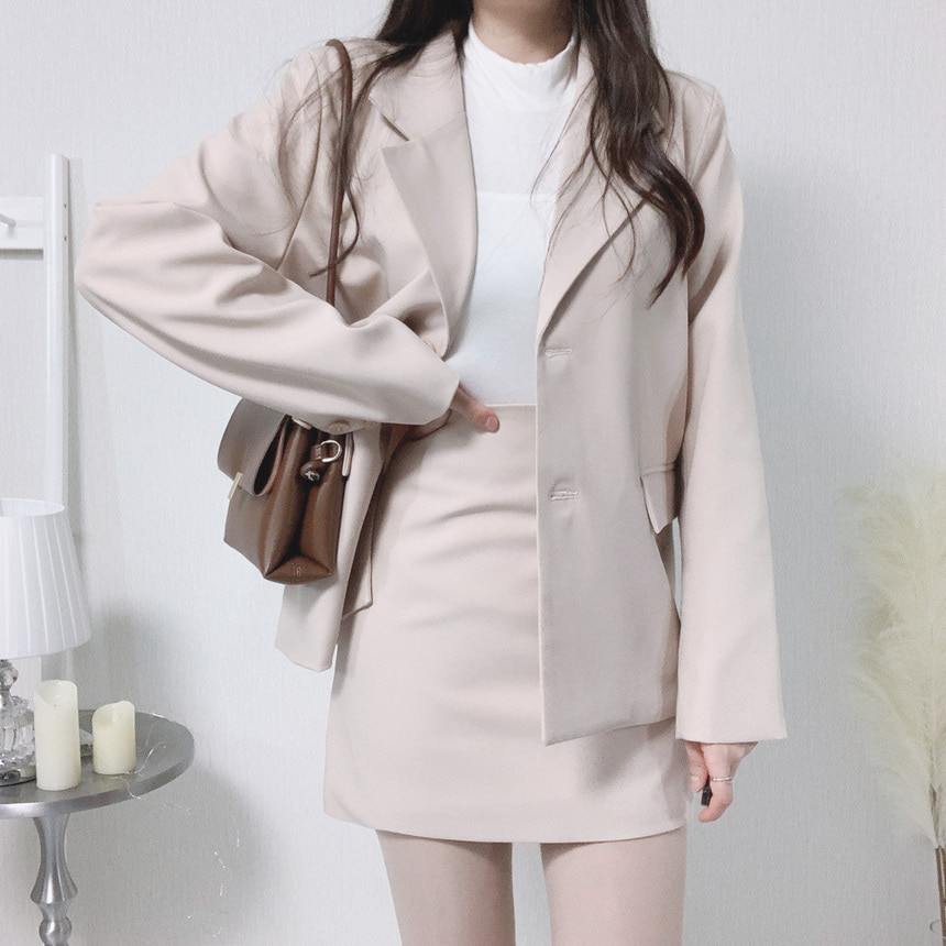 조이어블 자켓스커트set 스탠다드 카라 원버튼 간절기 자켓 H라인 스커트 셋업 투피스 세트