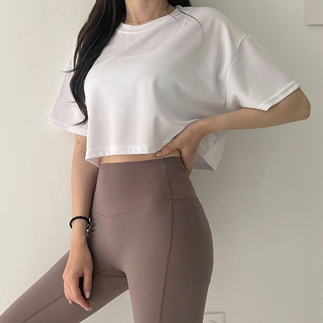 필라테스요가복 네온 매쉬 박스 크롭 반팔 티셔츠