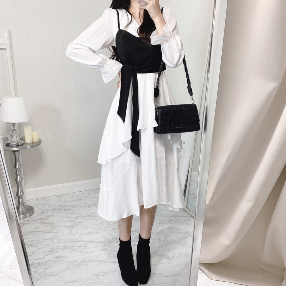 조이어블 페미닌무드고퀄리티 브이넥 크롭 리본 뷔스티에 프릴 언발 캉캉 쉬폰 롱 원피스 투피스 세트