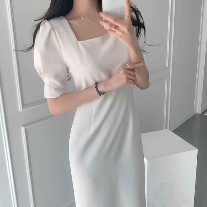 디어포텐 S 당일발송 셀프웨딩하객룩 브라이덜샤워 컨셉촬영 정장 페미닌 우아 쉬폰 스퀘어넥 화이트 퍼프 반팔 롱원피스 드레스 셀프웨딩