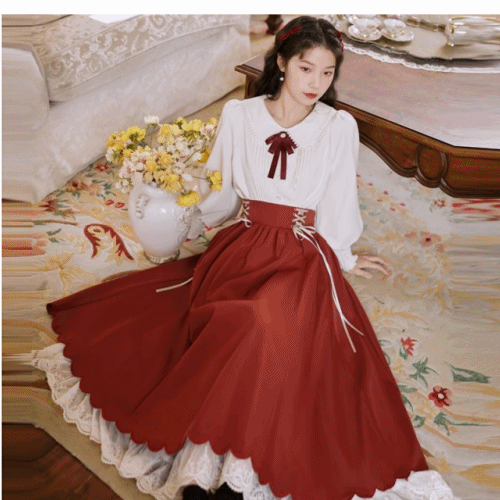 옥수수클로젯 봄신상하객룩원피스 중세풍 화이트 셔링 블라우스 코르셋 롱스커트 A라인 빅사이즈 원피스 레드 그린 블랙 크리스마스 연말룩 공주 긴팔 레트로 로리타 롱드레스