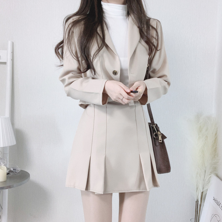 조이어블 자켓스커트set트렌디한 크롭 원버튼 자켓 A라인 하프 플리츠 스커트 셋업 투피스