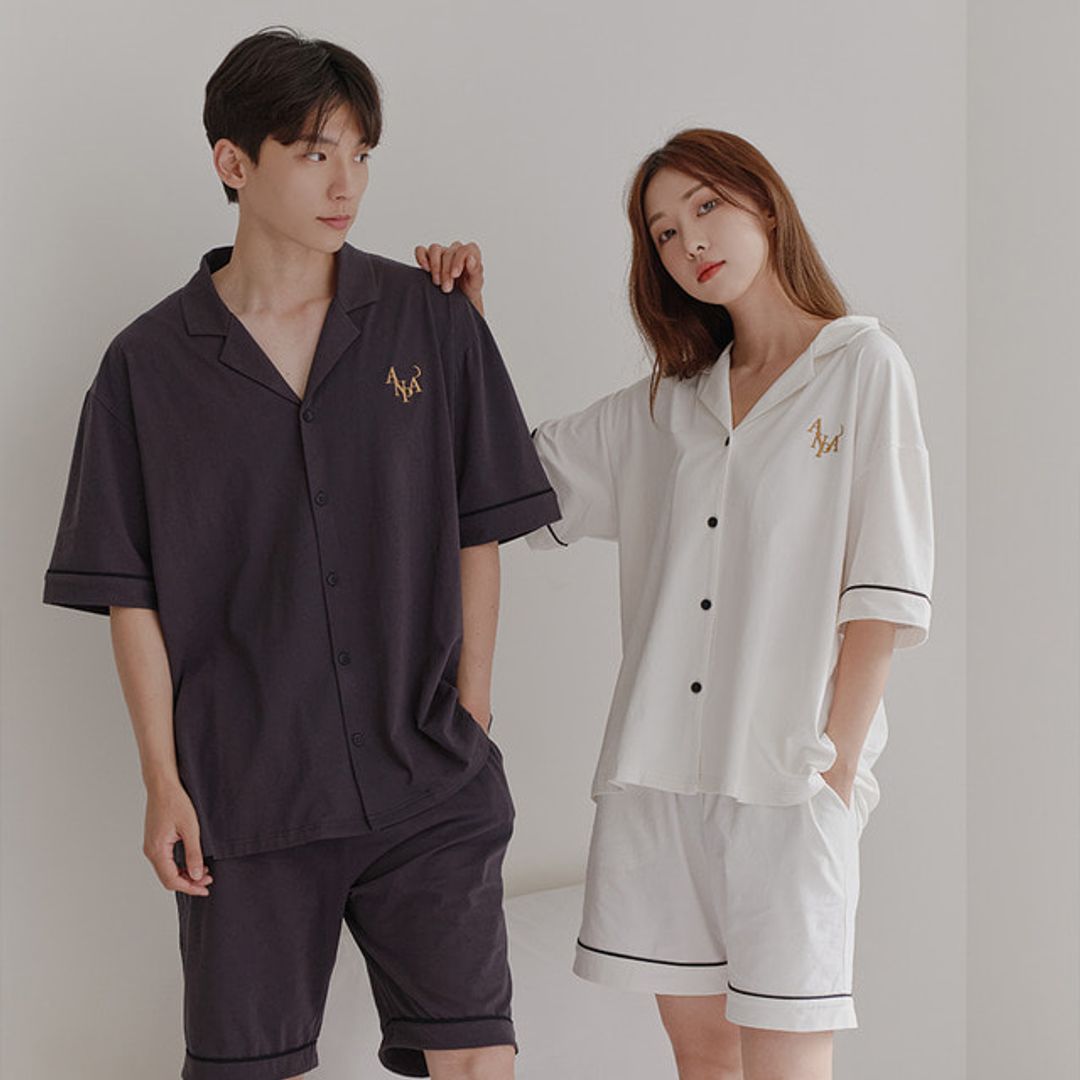 안파 커플 잠옷 파자마 홈웨어 선물 집들이 수면 신혼부부 무지 면 반팔 달빛 세트 Anpa34