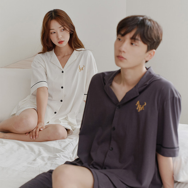 안파 커플 잠옷 파자마 홈웨어 선물 집들이 수면 신혼부부 무지 면 반팔 달빛 세트 Anpa34