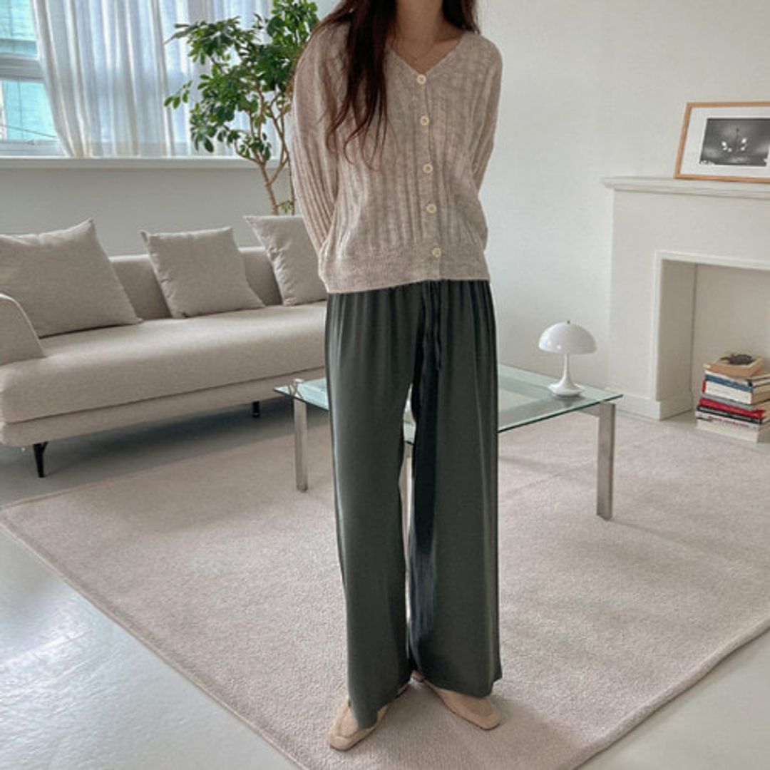 리프 밴딩 와이드 팬츠 여자 봄 가을 데일리 롱 찰랑 일자 스트링 바지 베이지 카키 블랙