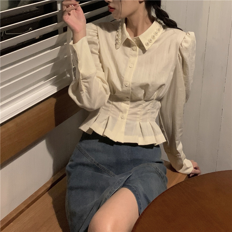 가을 카라넥 진주 플라워 슬림핏 벌룬 소매 플레어 화이트 간절기 긴팔 셔츠 하이웨스트 A라인 캉캉 프릴 데님 롱스커트 투피스