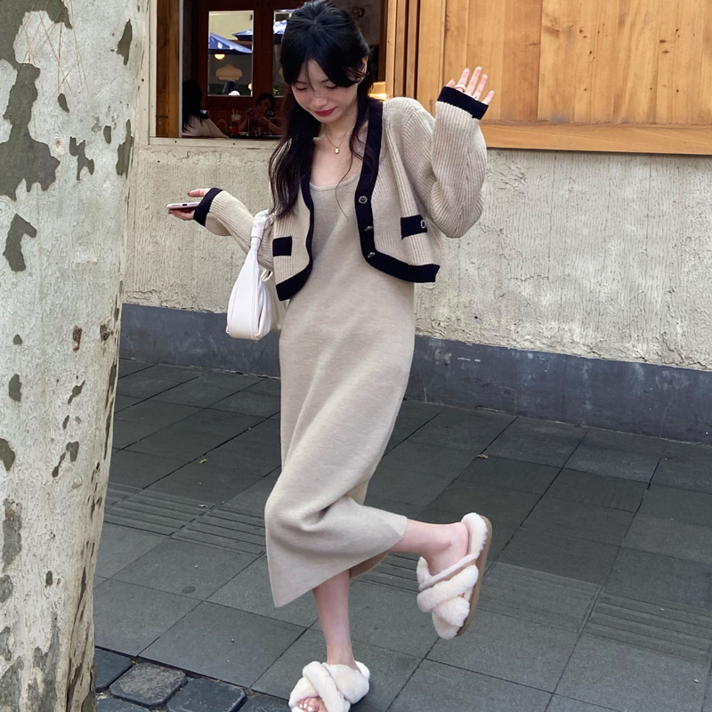 라운드넥 루즈핏 무지 심플 나시 롱원피스 배색 브이넥 쓰리버튼 루즈핏 긴팔 니트 가디건 투피스 세트 2pc Set 데일리룩 러블리룩 편안한룩 꾸안꾸룩 여친룩 데이트룩