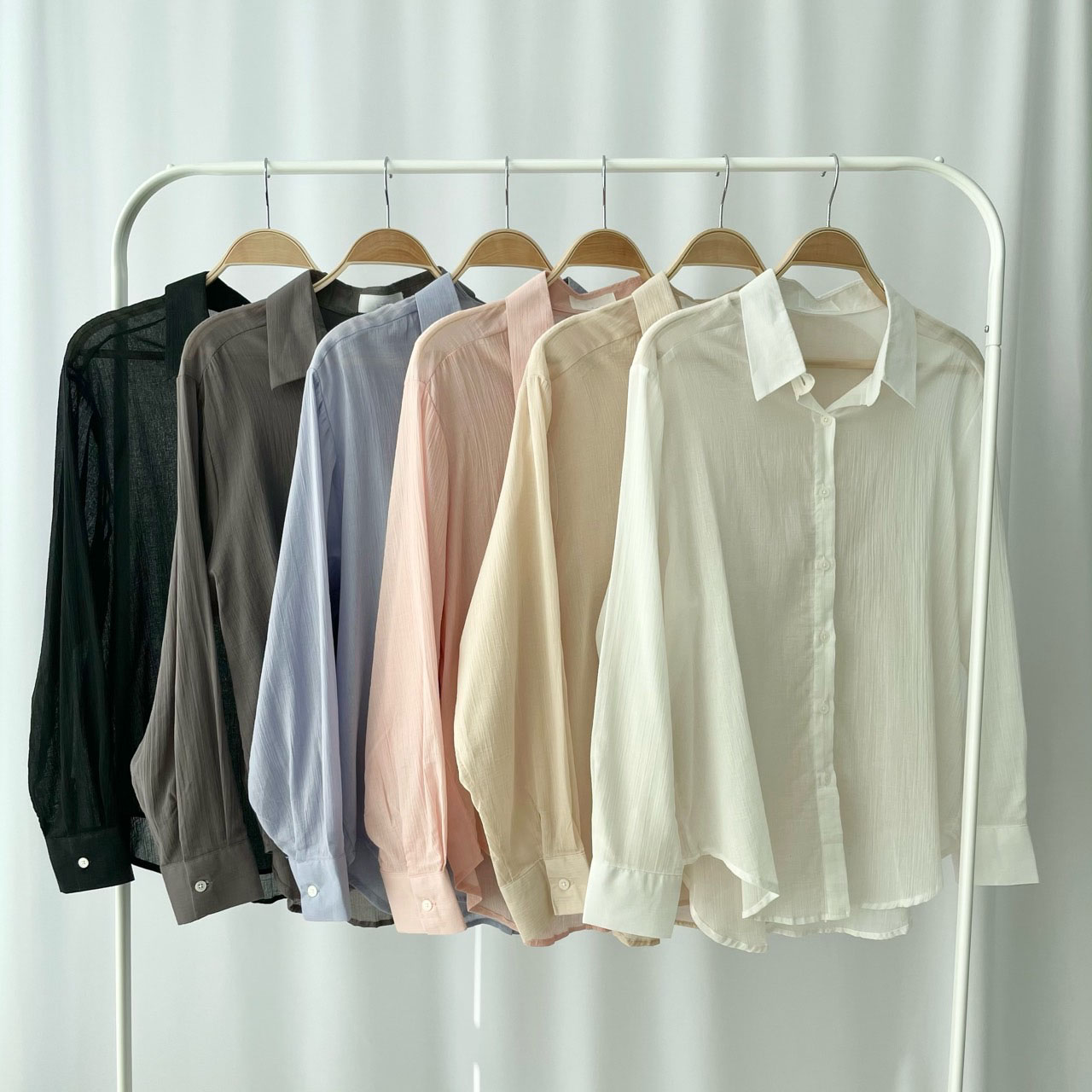 핑크선셋 여성 여자 화이트 베이지 핑크 블루 차콜 블랙 여름 얇은 롱 주름 요루 면 코튼 셔츠 남방