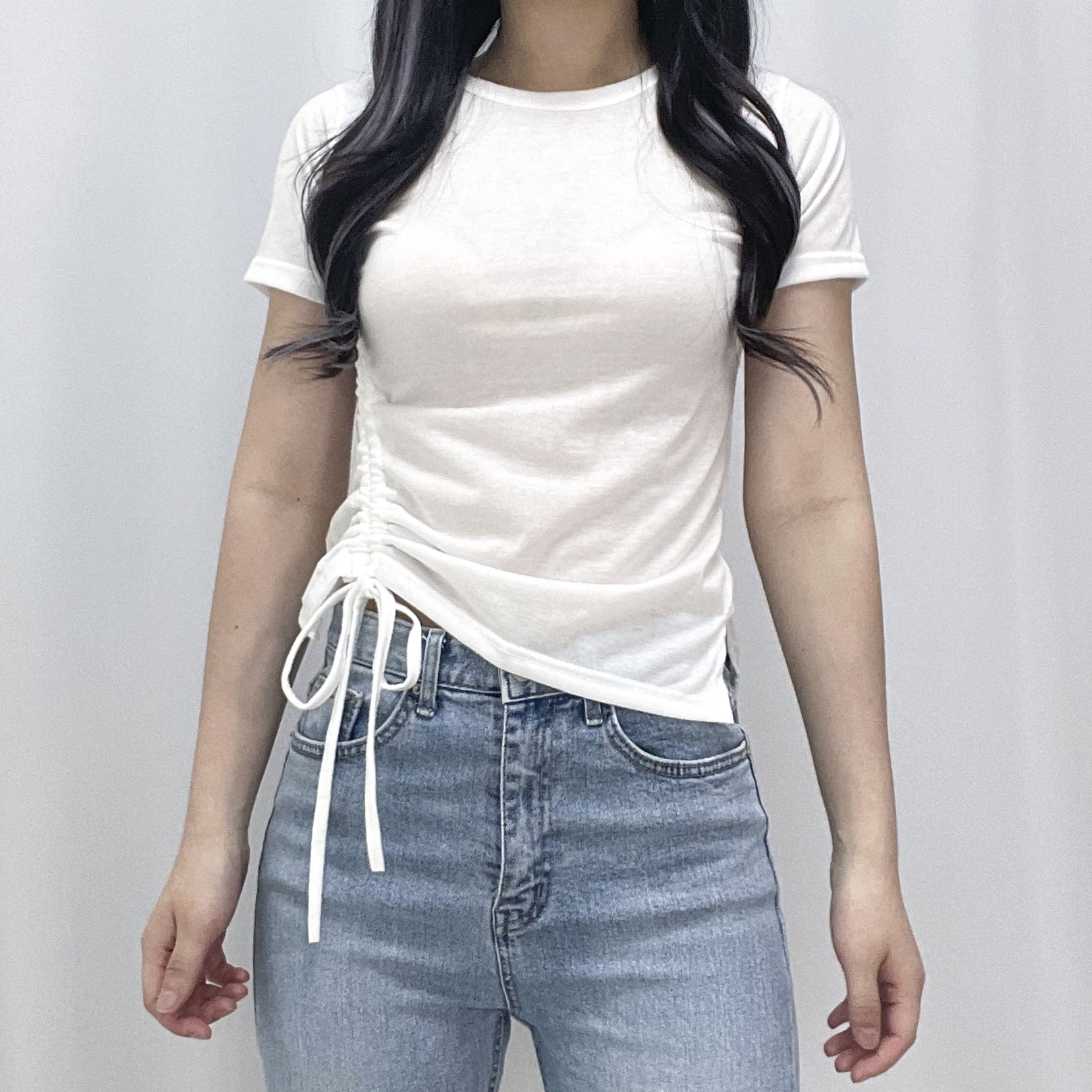 핑크선셋 여자 화이트 블랙 민트 블루 쫀쫀 슬림핏 스트링 언발란스 크롭 트임 옆셔링 반팔 티셔츠