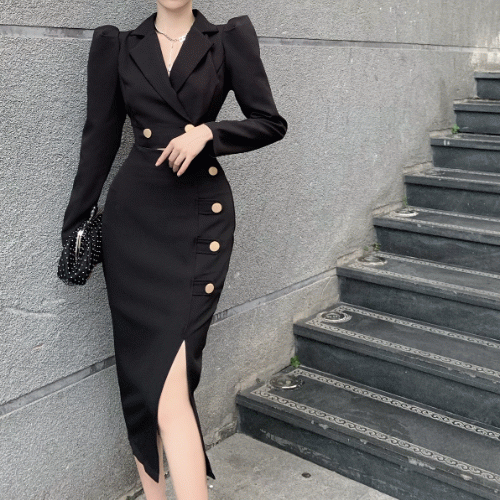 위드포에버 하객룩 시크 블랙 퍼프 골드버튼 크롭자켓 옆트임 H라인 롱스커트 투피스 셋업 봄 가을 겨울 신상 고급 우아 유니크 결혼식 연말룩 파티룩 모임룩 연례행사