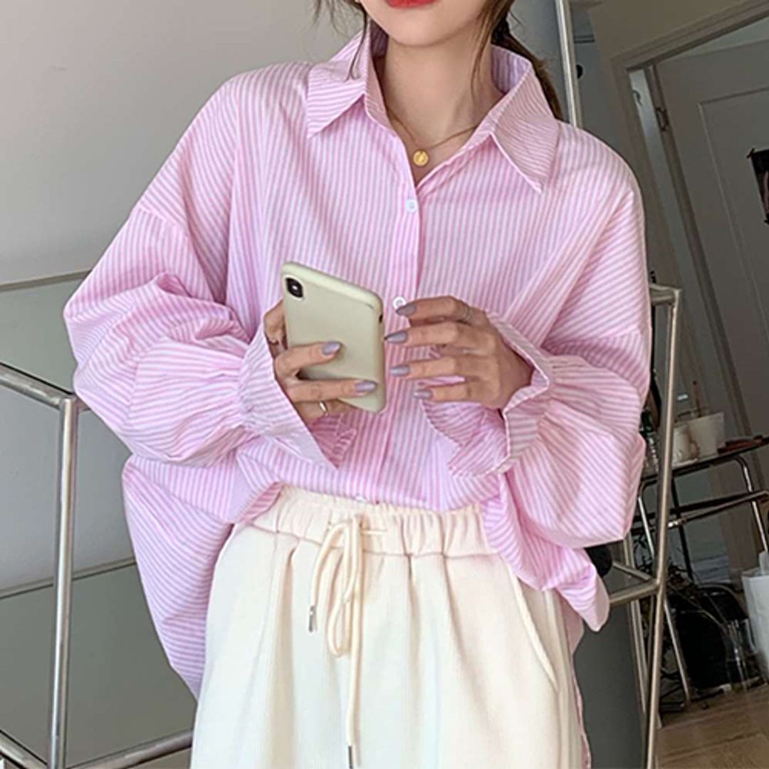 핑크 세로 줄무늬 스트라이프 심플 소매 포인트 셔츠 남방 J11