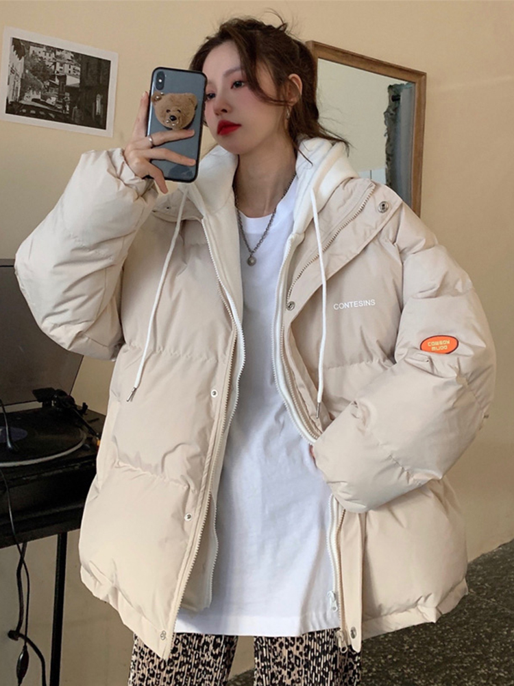 패션 바이 카카오 베이지파랑분홍 따뜻한 겨울 데일리 하이넥 레터링 버튼 집업 포켓 코튼 숏 패딩 시즌한정 특가상품