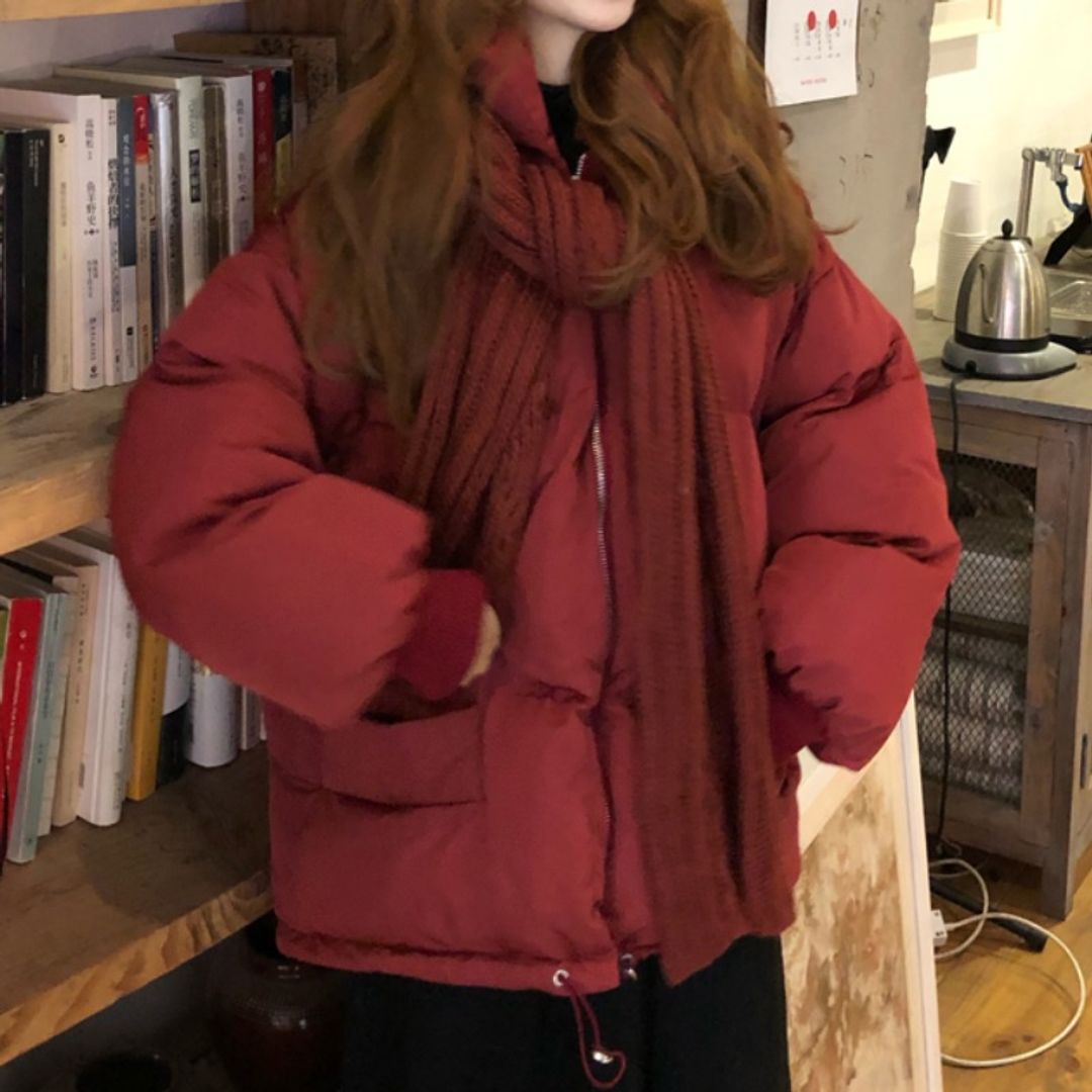 빨강 러블리 두툼한 캐주얼 단색 루즈핏 손목 밴딩 포켓 집업 숏 패딩 시즌 특가상품