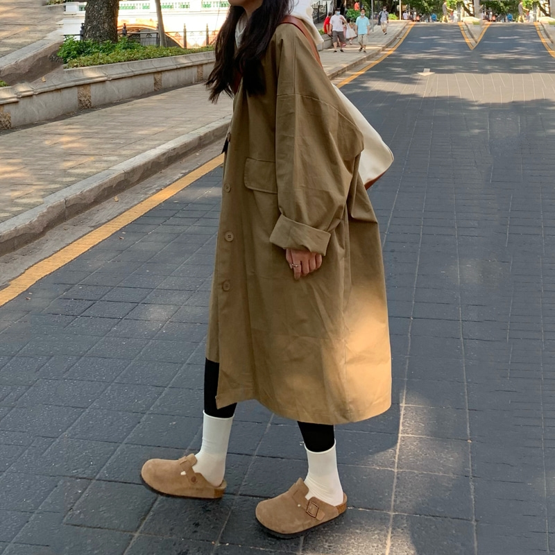 제이리본 봄 가을 패피완성 심플 오버핏 루즈핏 넉넉한핏 일자핏 캐주얼 카라 롱 트렌치코트 아우터 점퍼 코트 데일리 스쿨룩 스트릿