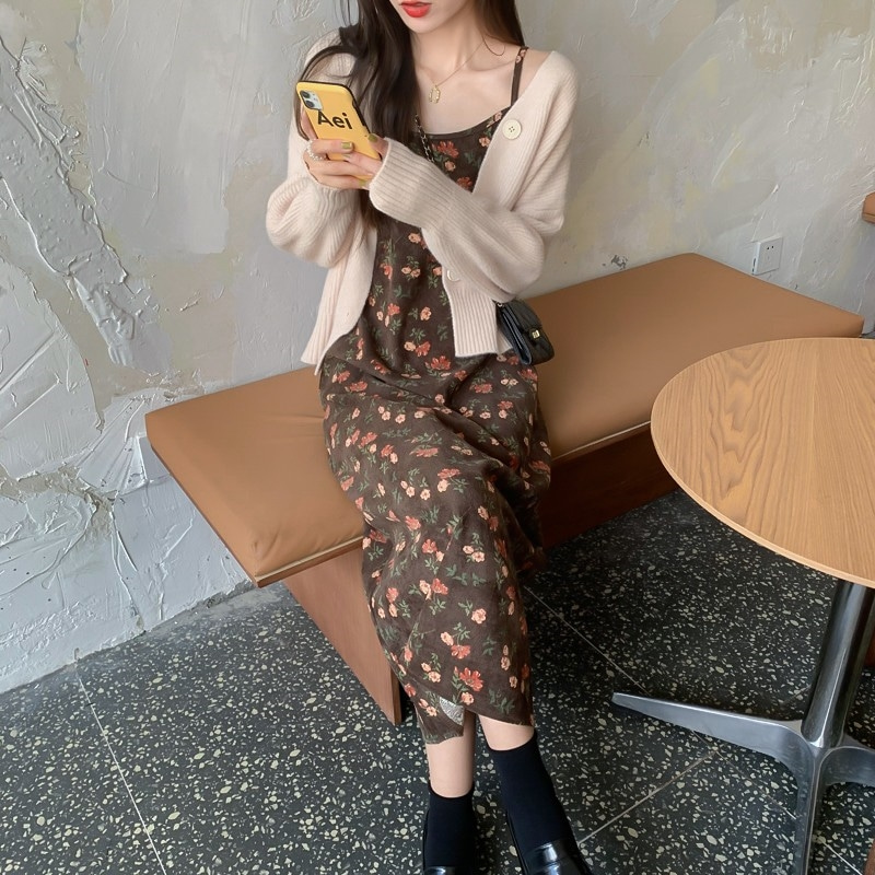 제이리본 컬러풀 플라워 프렌치 슬림 슬링 끈나시 롱 A라인 원피스 뷔스티에 카키 블랙 꽃무늬 여성스러운 예쁜 귀여운 가을 드레스