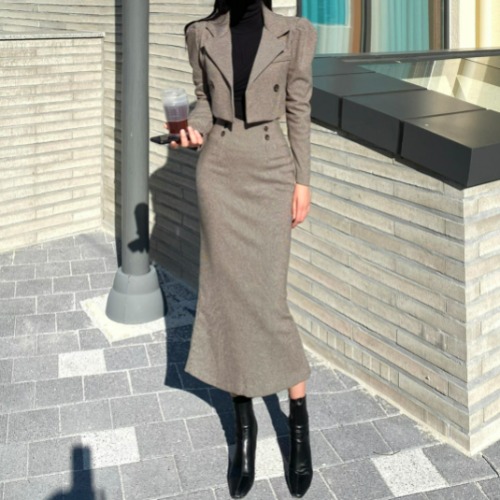 에이홉 뮤즈 하운드 자켓 스커트 셋업 도톰 겨울 머메이드 롱 크롭 숏 하객룩 면접룩 세트 투피스 Set