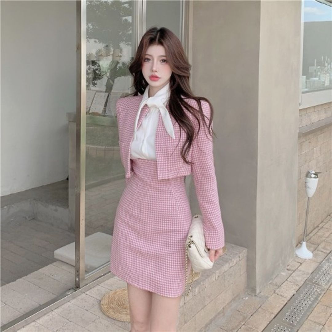 데이트룩하객룩 겨울신상 체크 크롭자켓 하이웨스트 롱스커트 투피스세트 셋업 세미오피스 정장투피스 오피스룩 결혼식 소개팅 여친