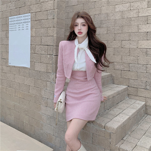데이트룩하객룩 겨울신상 체크 크롭자켓 하이웨스트 롱스커트 투피스세트 셋업 세미오피스 정장투피스 오피스룩 결혼식 소개팅 여친
