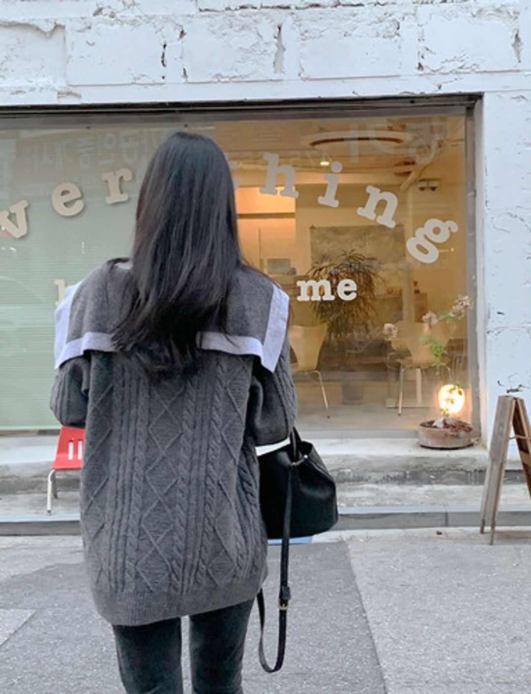 동안효과 앙고라 세일러 꽈배기 롱 가디건 세라 빅카라 브이넥 꽈베기 울 니트 버튼 미니 원피스 회색 그레이