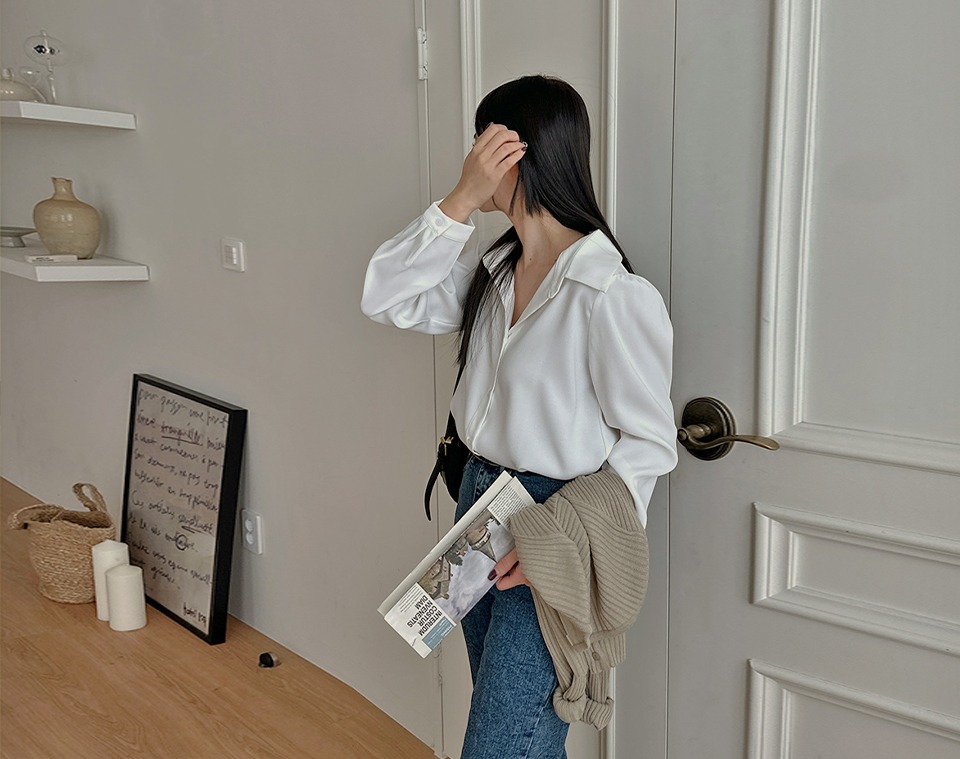 델브넌 투피스 퍼프 카라넥 블라우스 가을 신상 가을옷 데일리룩 간절기 카라블라우스 이너 레이어드 화이트 흰블라우스 베이직 기본