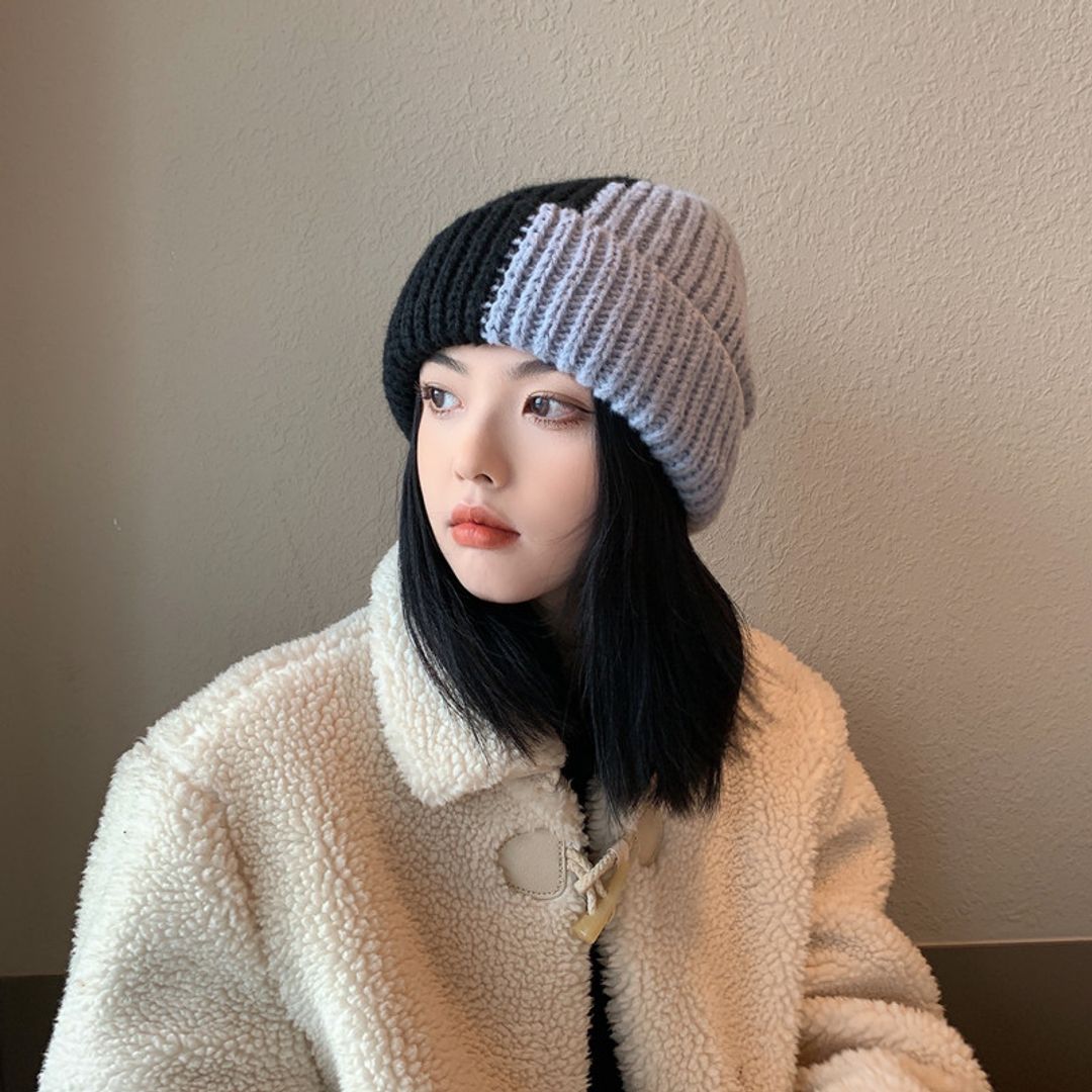 스티칭 투톤 배색 뜨개 니트 겨울 비니 모자