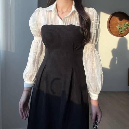 카리나 골지 원피스 레이어드 퍼프 셔링 프릴 블라우스 튜브탑 니트 배색 골덴 코듀로이 핀턱 A라인 플레어 핑크 카멜 롱 가을 겨울 공주 여신 하객 연말 파티 원피스3color