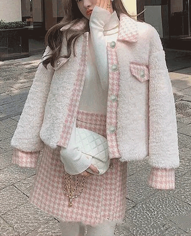 투피스 뽀글이 양털 카라 핑크 코트 체크 트임 미니스커트 셋업 트위드세트 하프자켓 덤블 무스탕 겨울 치마 연말 파티룩