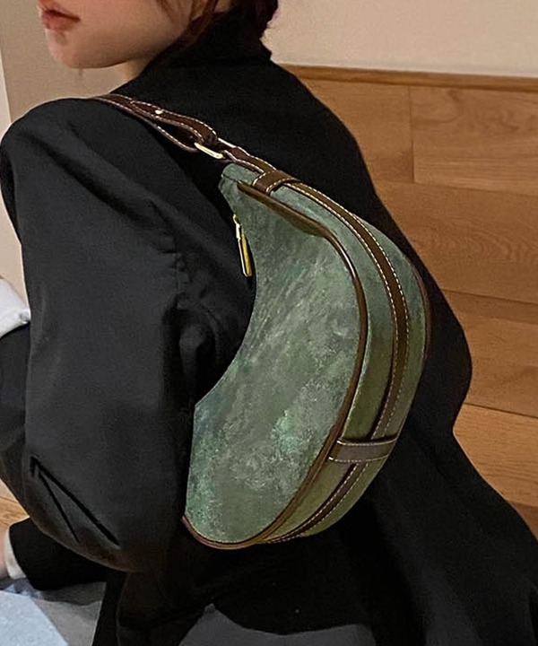 라이키걸 무료배송 2way 클래식 스웨이드 라운드 크로스백 겸 미니 숏 숄더백 그린브라운 호보백