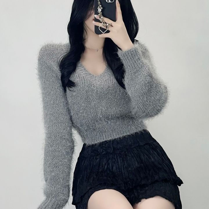 [무료배송 ][여리핏/2col] 엔젤 앙고라 퍼 브이넥 크롭 CROP 긴팔 스판 니트 T 보들보들 데일리 여성스러운 여신 페미닌 핏보장 앙고라 브이넥 니트 (2colors)