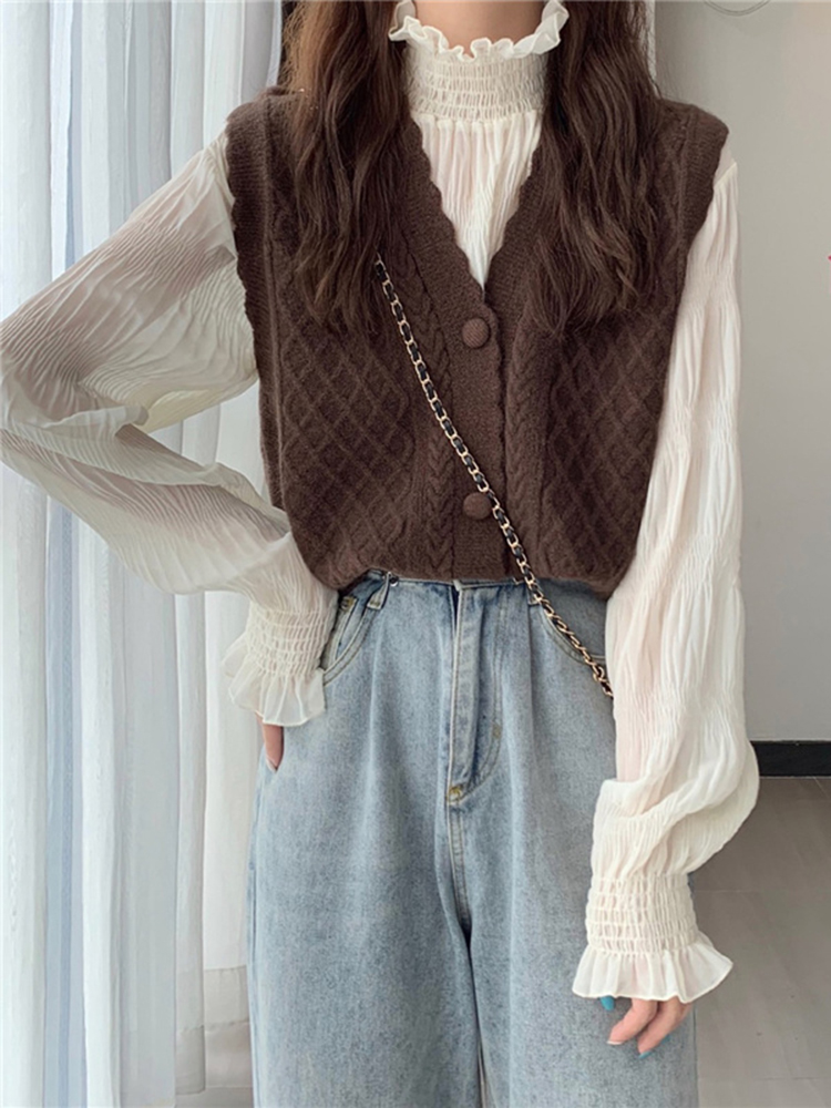 흰색 조끼브라운 조끼다크브라운 조끼회색 조끼와인 조끼 깔끔한 보온 데일리 브이넥 니트 조끼 단색 셔링 긴팔 쉬폰 셔츠 특가 기획전