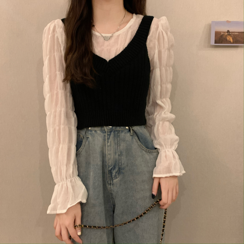 흰색 블라우스하늘색 블라우스아이보리 블라우스네이비 조끼황갈색 조끼 깔끔한 꾸안꾸 캐주얼 단색 니트 조끼 라운드넥 셔링 긴팔 쉬폰 셔츠 특가 기획전