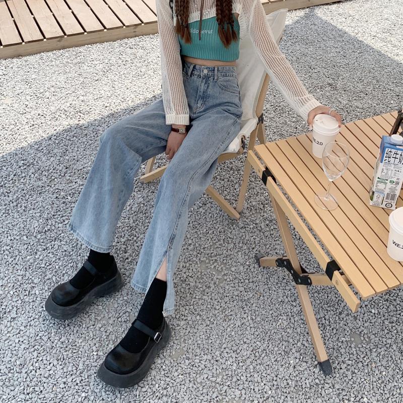 하프닌 진청연청 사이드 트임 하이웨스트 긴바지 데님 청바지 힙한 유니크 데일리 롱 팬츠