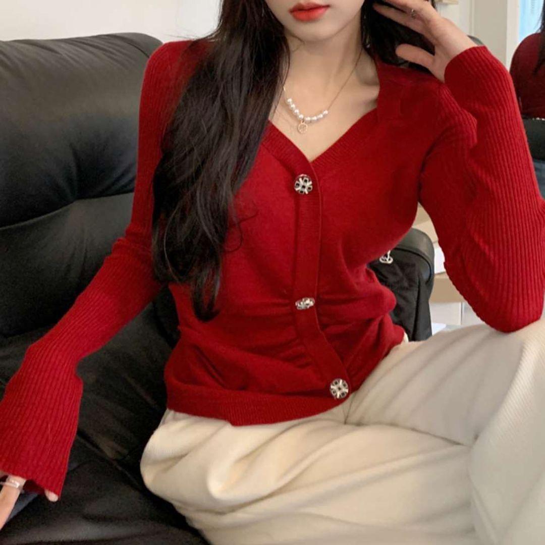 레드 빨강 브이넥 여성스런 데일리 니트 가디건 J07