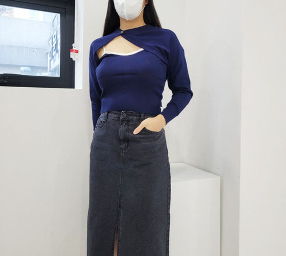 당일배송 흑청 스판 H라인 앞 트임 롱 스커트 77사이즈 치마 청치마 트임치마 트임스커트 청스커트 롱치마 롱스커트