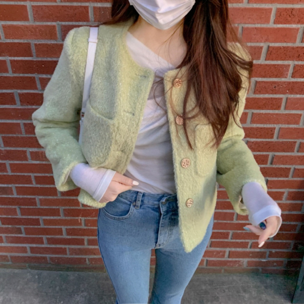 워너비뮤즈 무배 2천장돌파‍🔥핵따듯 앙고라 트위드 국내 펄 콕콕 퍼 겨울 트위드 자켓 노카라 포켓 간절기 하객룩 크롭 숏자켓 그린 소라 아이보리 핑크