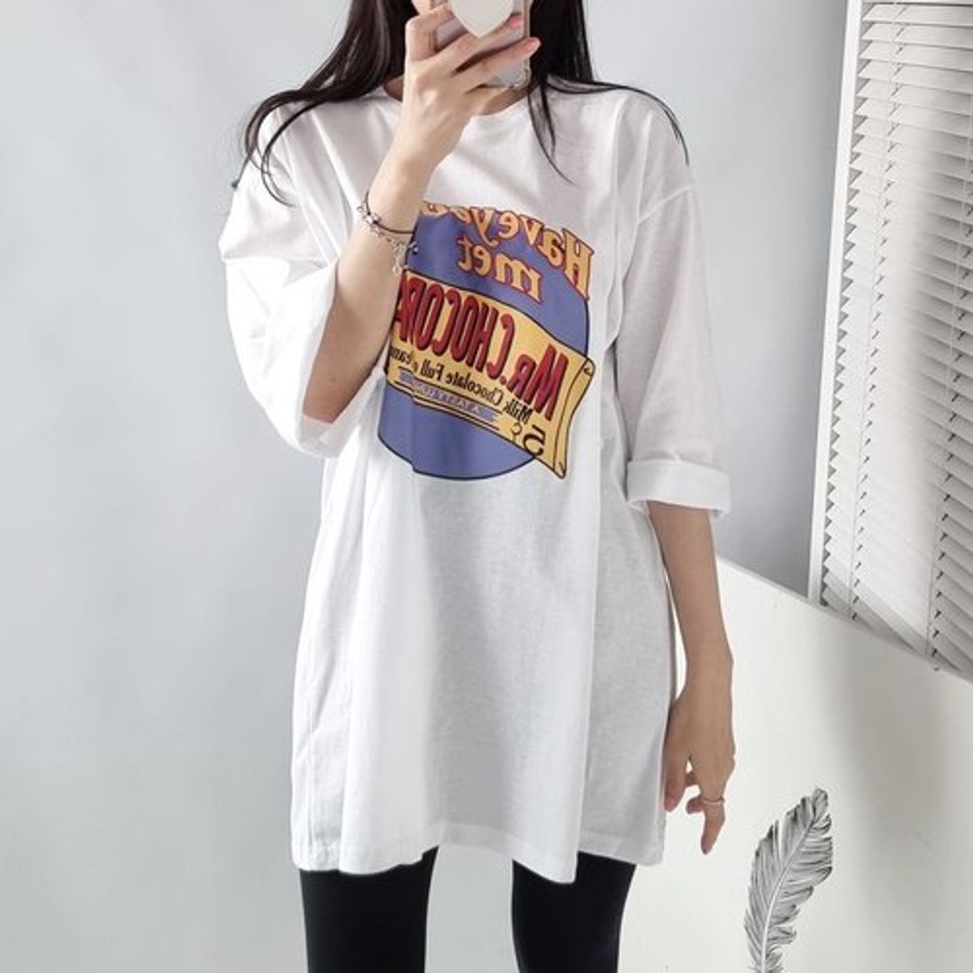 11 박시핏 프린팅 반팔 롱티셔츠