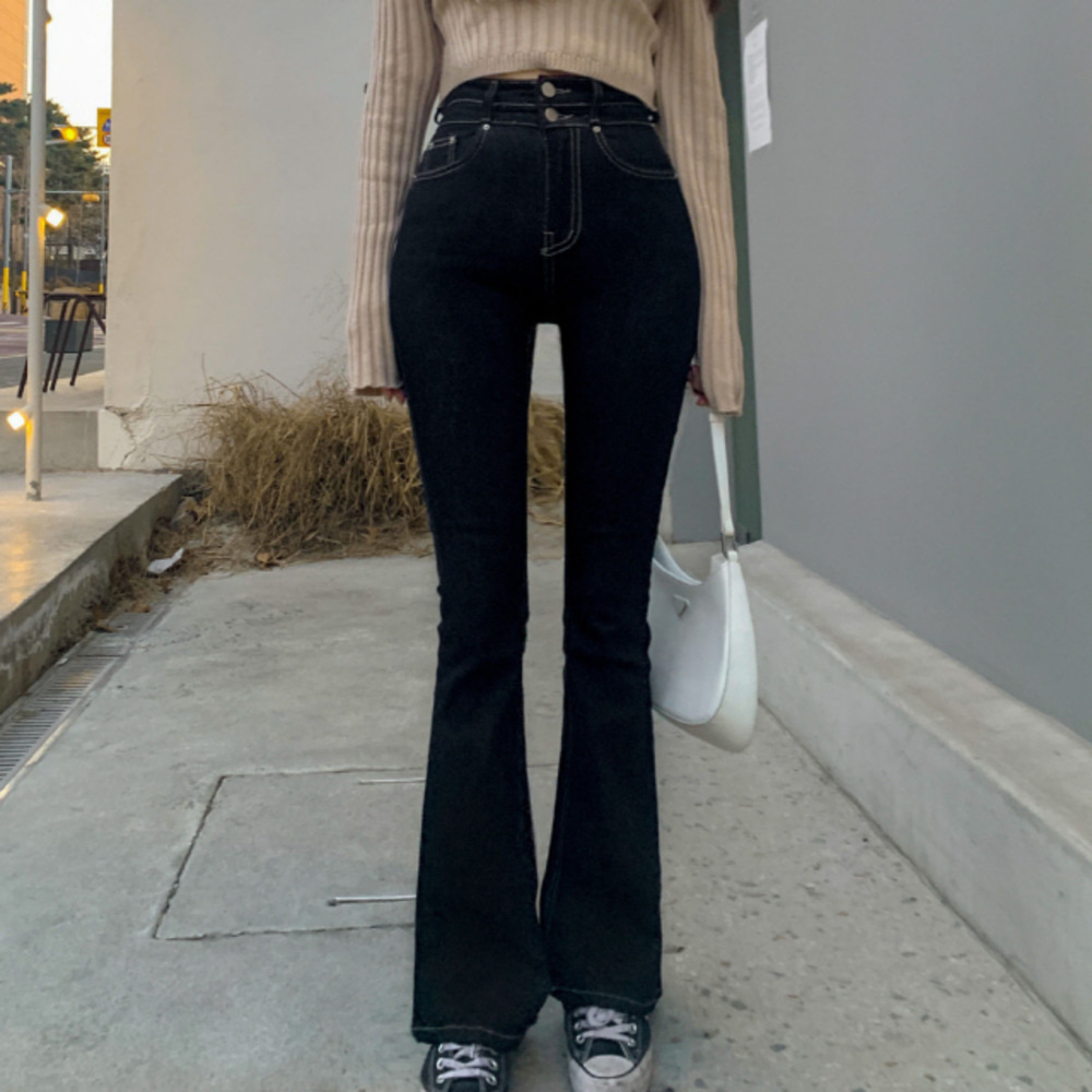 워너비뮤즈 허리쏙투버튼 모찌 스판 스티치 롱 투버튼 하이웨스트 블랙 생지 부츠컷 팬츠 청바지 데님 진 부츠컷바지 흑청 진청 S M L