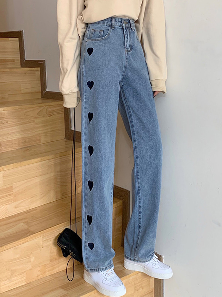 하프닌 하트 패치 배색 데님 긴바지 블루 스트레이트 데일리 캐주얼 유니크 청바지 20대 30대 일자바지 롱 팬츠