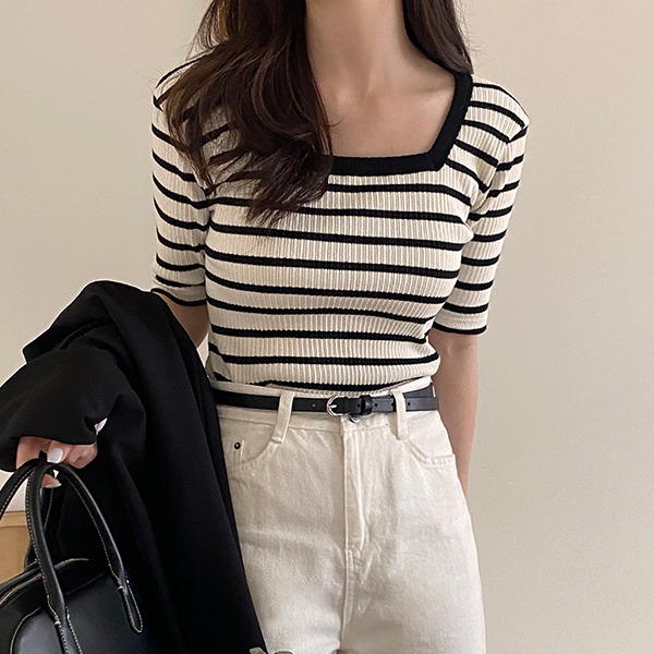 베니토 1천장돌파 로드린 스트라이프 스퀘어넥 티 신상베스트간절기봄여성데일리티셔츠반팔티셔츠반팔단가라티셔츠단가라스트라이프티셔츠스트라이프스퀘어티셔츠슬림