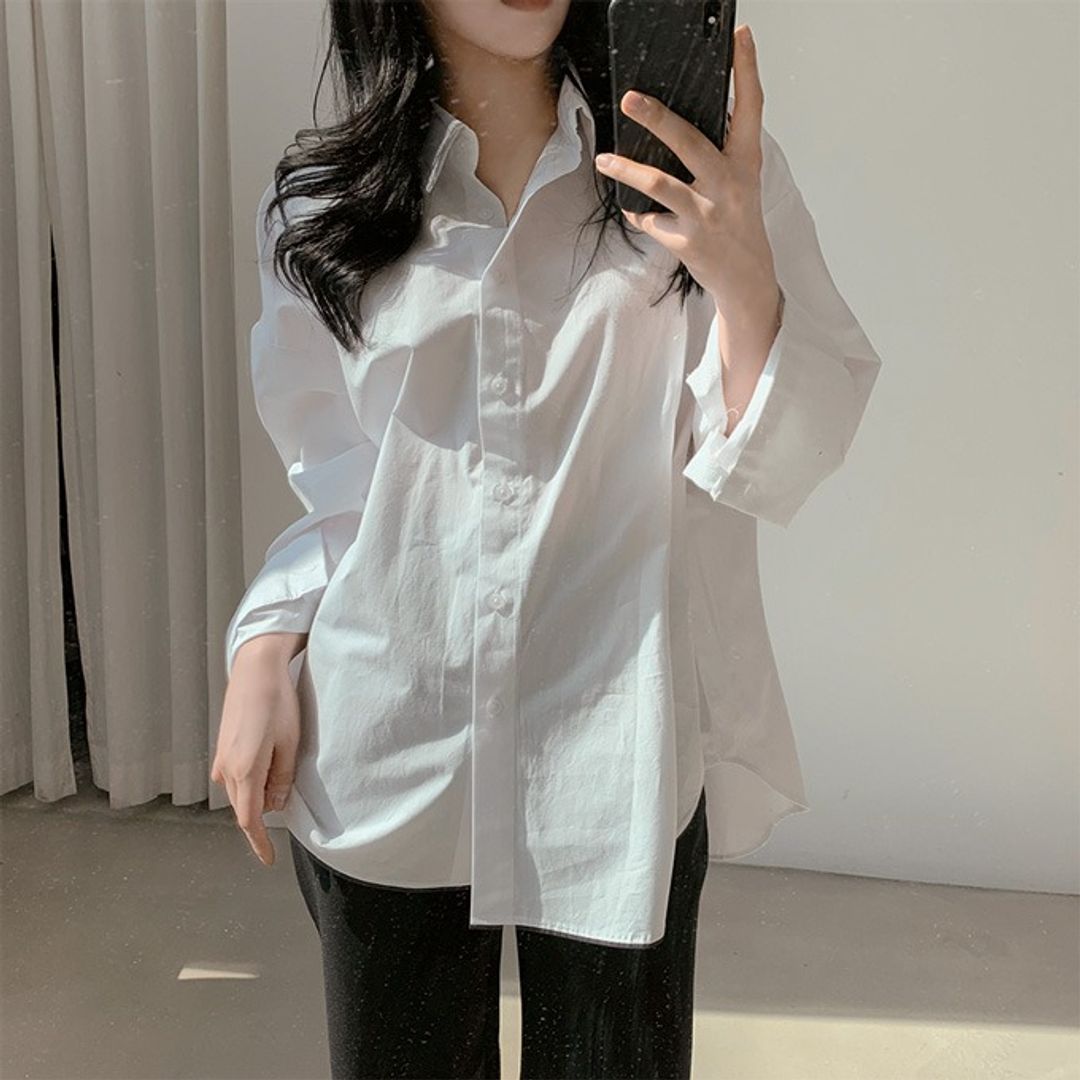르담 루즈핏 긴팔 셔츠 블라우스 화이트소라핑크연보라민트크림베이지진베이지블루그레이네이비그린진블루
