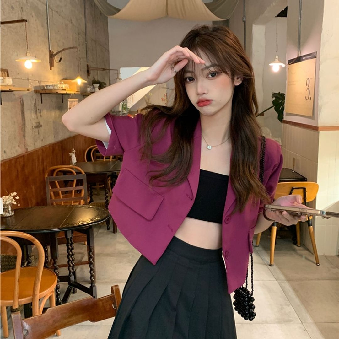 베이직 크롭 반팔 재킷 트렌디 레트로 무드 세미 크롭 여름 블레이저 반팔 자캣 톤다운 컬러 오피스 캐주얼 프렌치 시크룩 감성