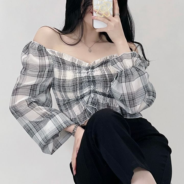 원트 무료배송 11할인 페미닌2col 오프숄더 시스루 체크 셔링 프릴 주름 리본 끈 길이조절 크롭 Crop 퍼프 스모크 밴딩 스판 긴팔 블라우스 Bl 데일리